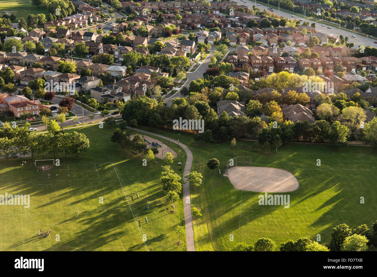 Aerial roof top view of a suburban homes; detached, semidetached and ...