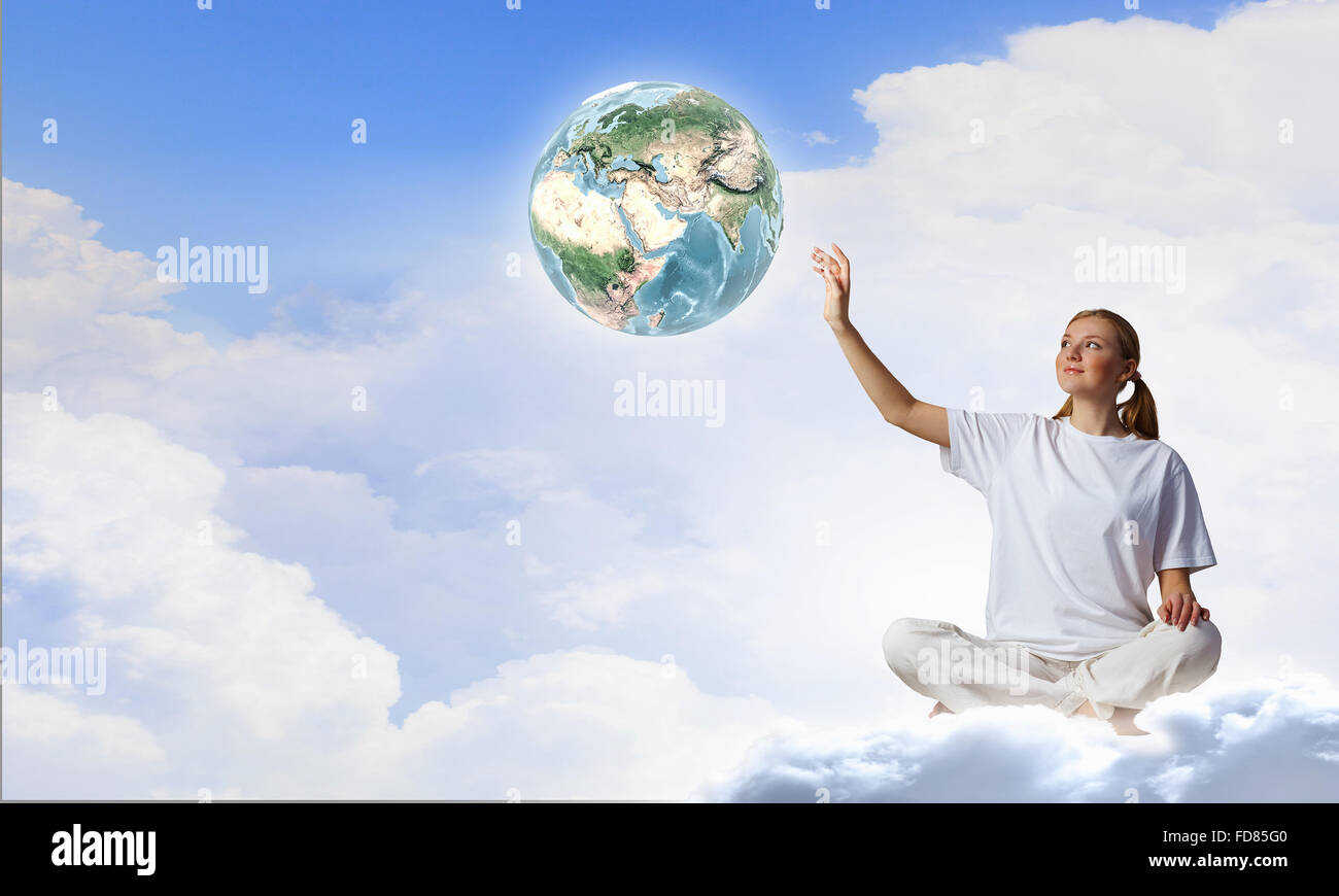 Young woman representing soul balance and meditation concept. Elements ...