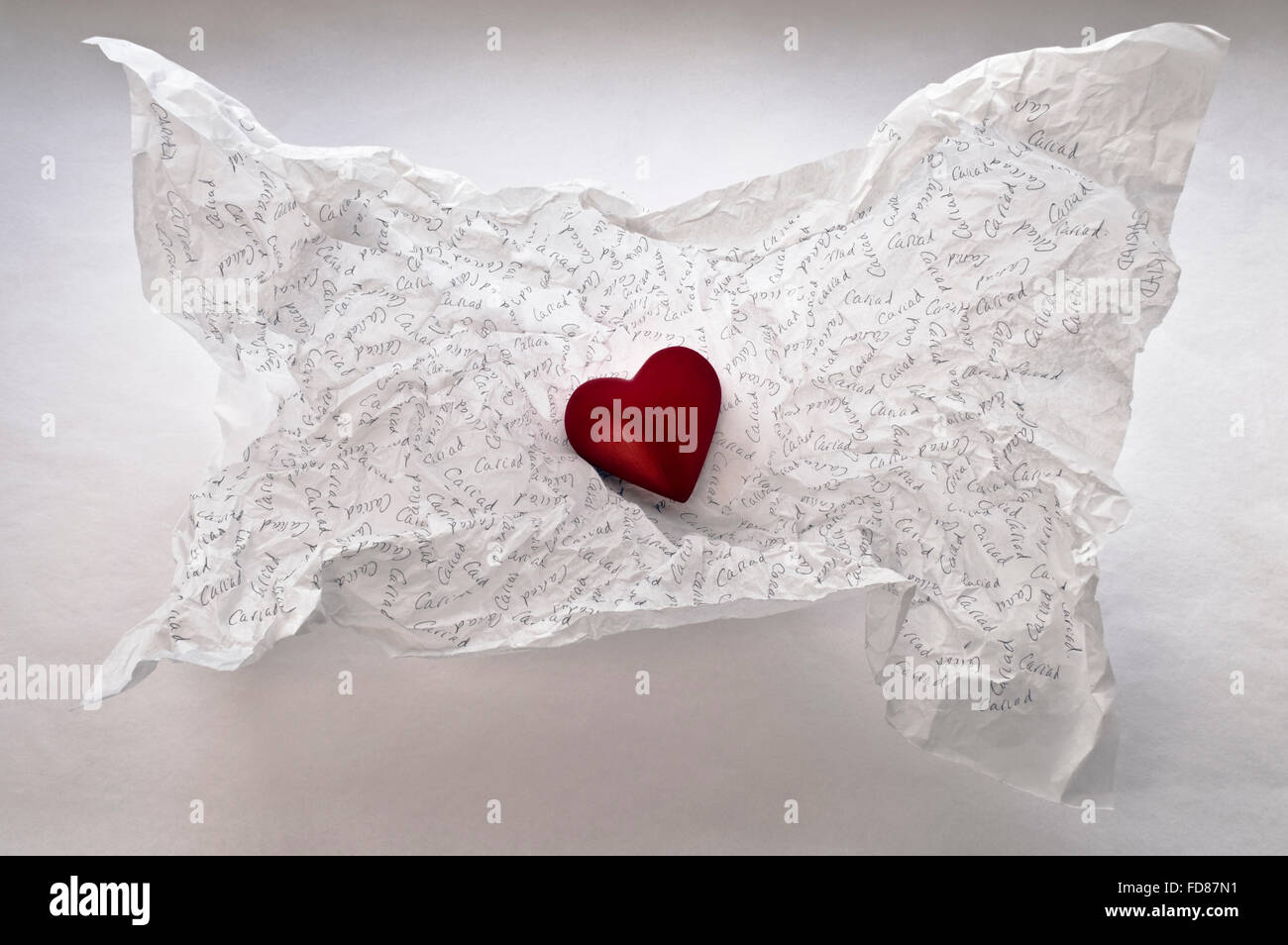 A red heart in a background of crumpled white tissue paper which has ...