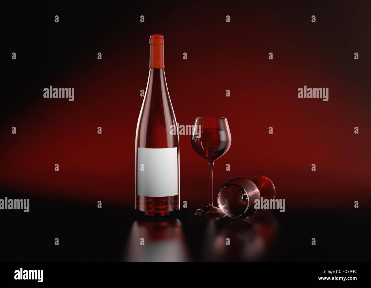 Closed Burgundy red wine bottle with empty label and two glasses on red ...