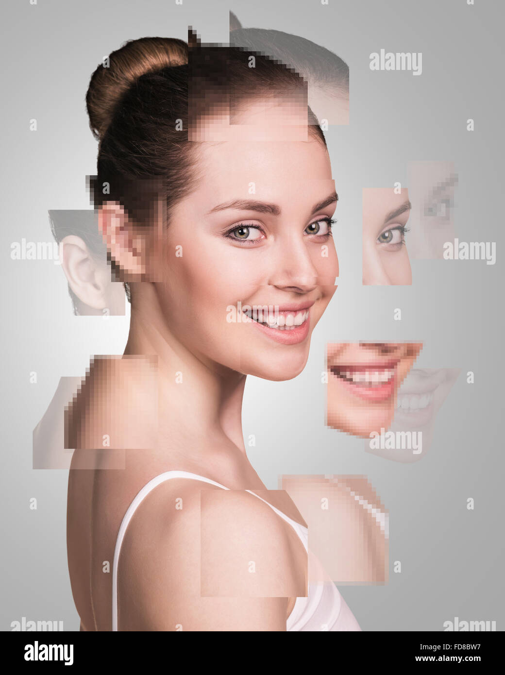 Perfect female face made from faces parts .Plastic surgery concept ...