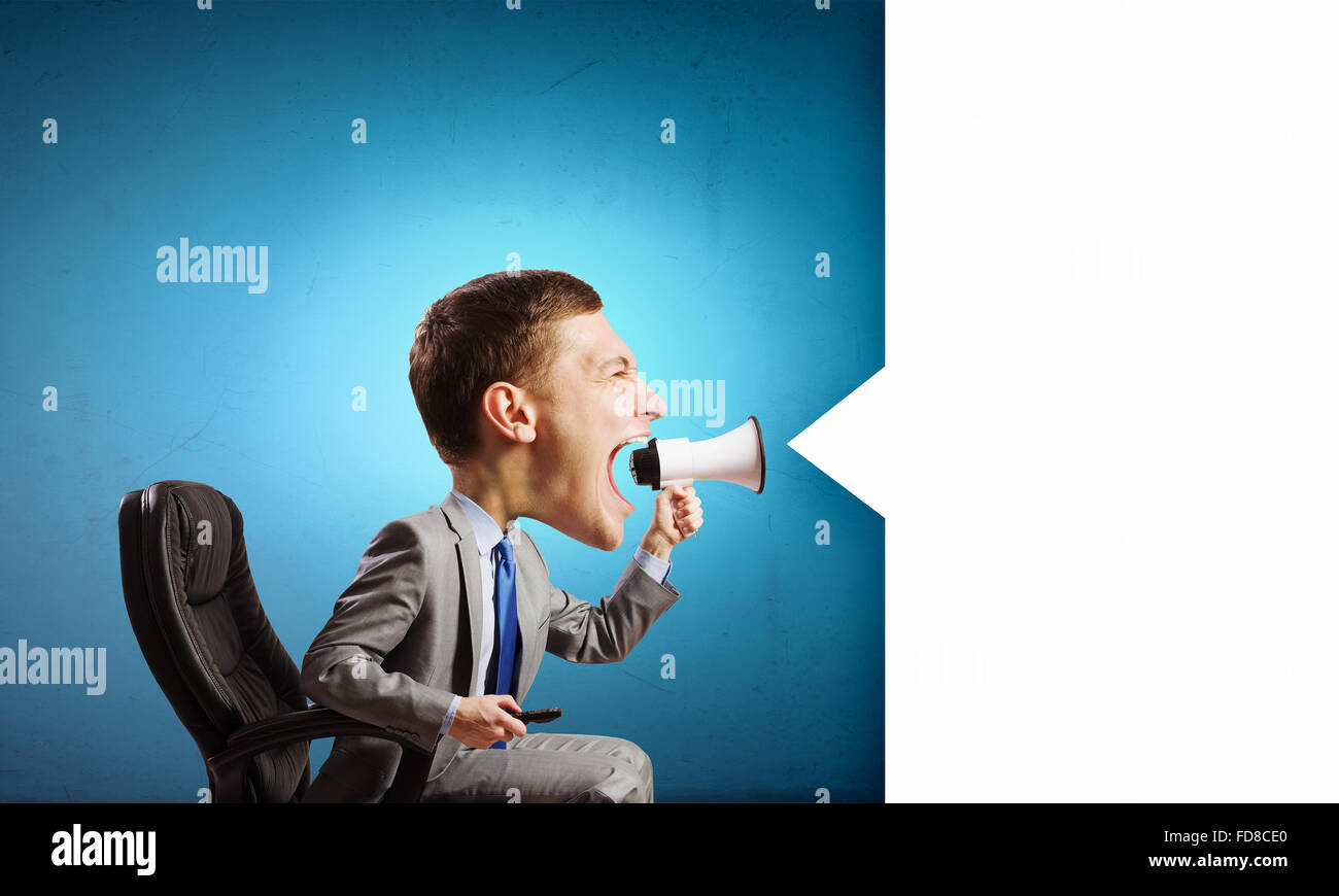 Funny young man with big head screaming emotionally in megaphone Stock ...