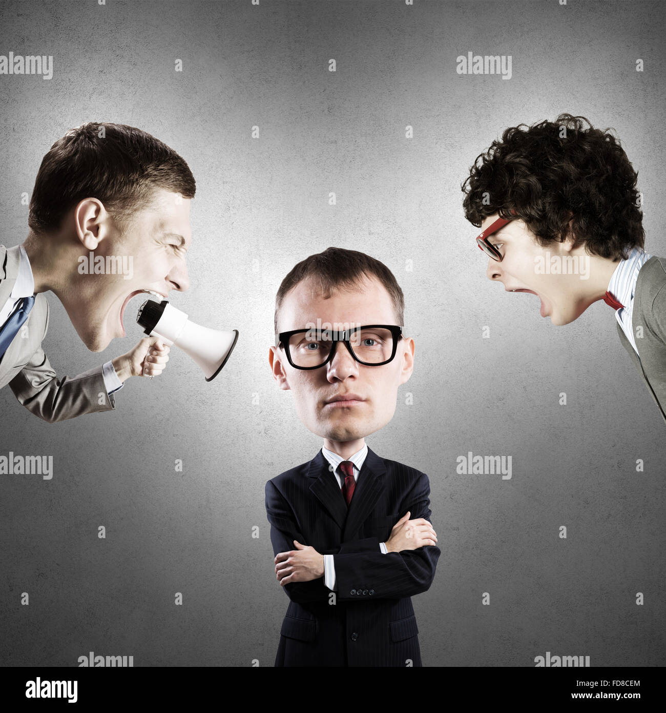 Funny young man with big head screaming emotionally in megaphone Stock ...