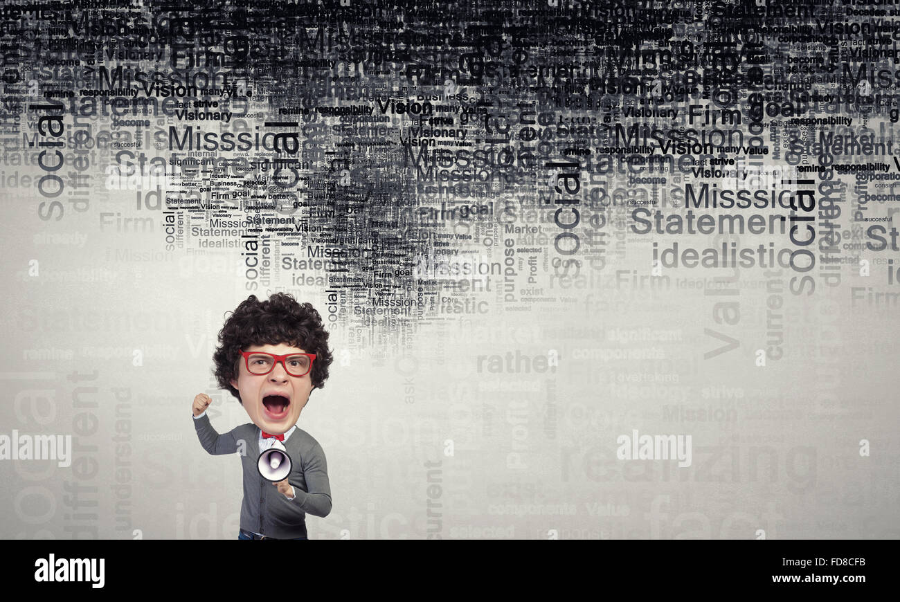 Funny young man with big head screaming emotionally in megaphone Stock ...