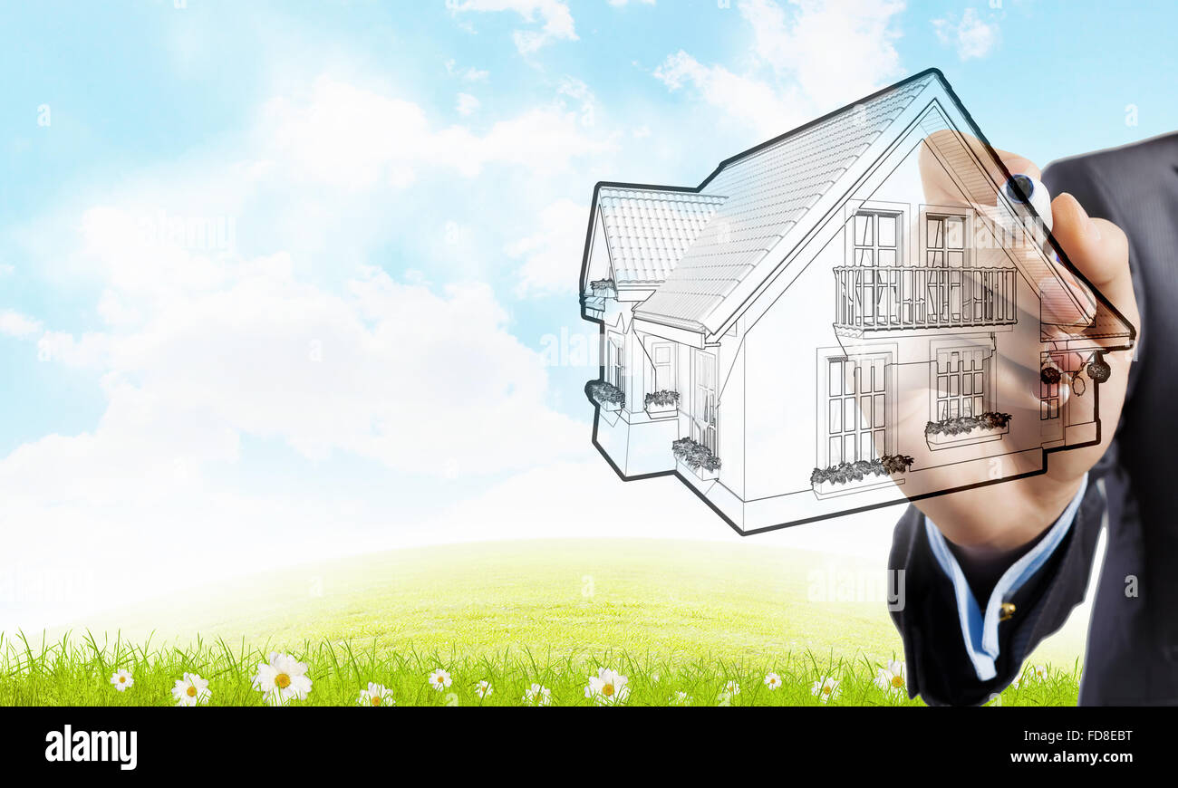 Close up of hand drawing house model with marker Stock Photo - Alamy