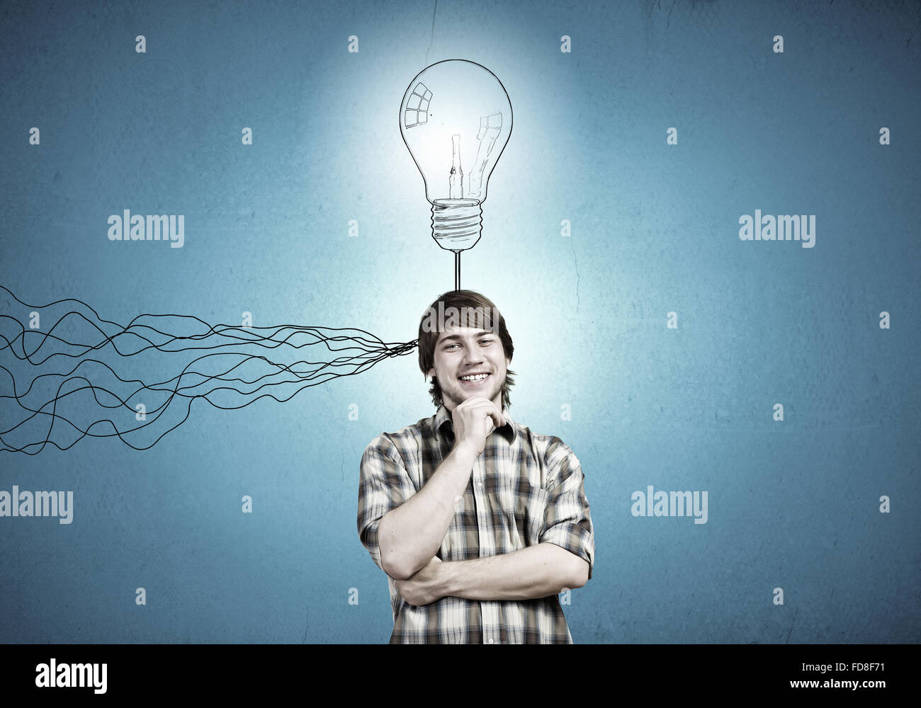 Young thoughtful guy and ideas coming out of his head Stock Photo - Alamy