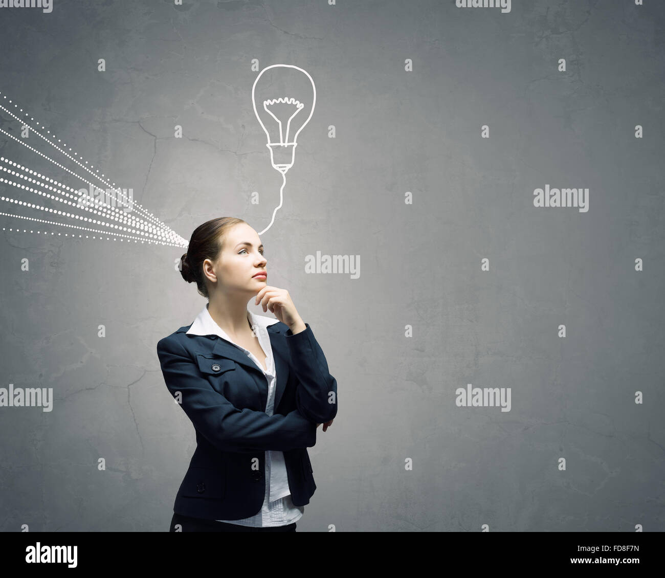 Young thoughtful woman and ideas coming out of her head Stock Photo - Alamy