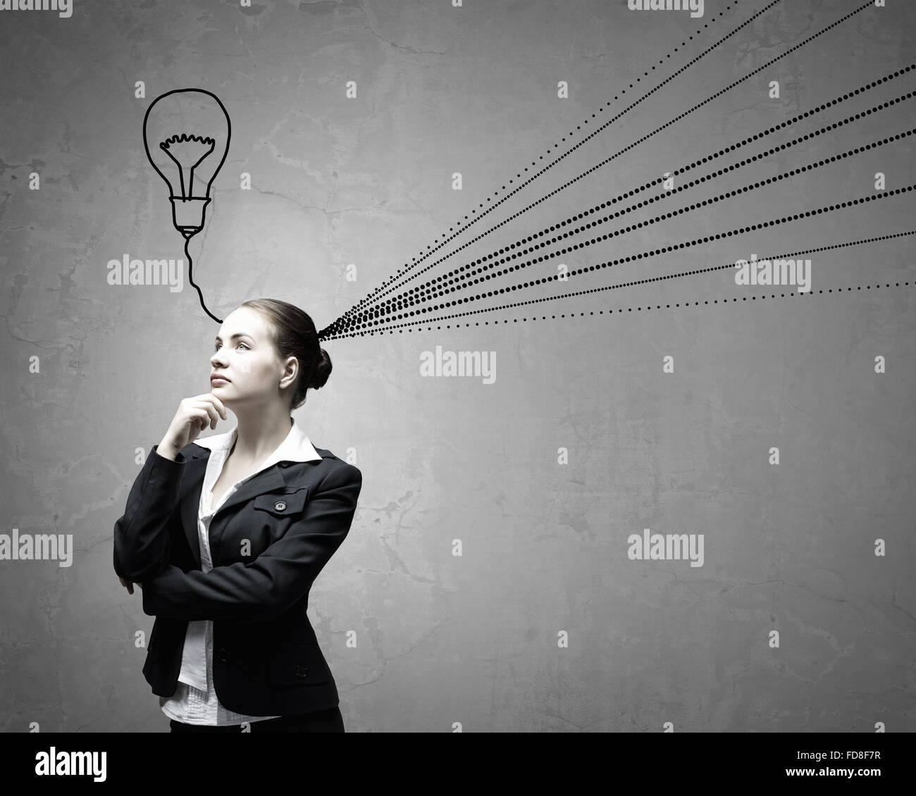 Young thoughtful woman and ideas coming out of her head Stock Photo - Alamy