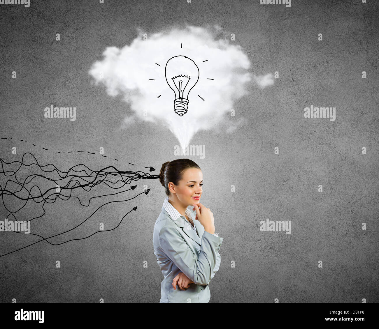 Young thoughtful woman and ideas coming out of her head Stock Photo - Alamy