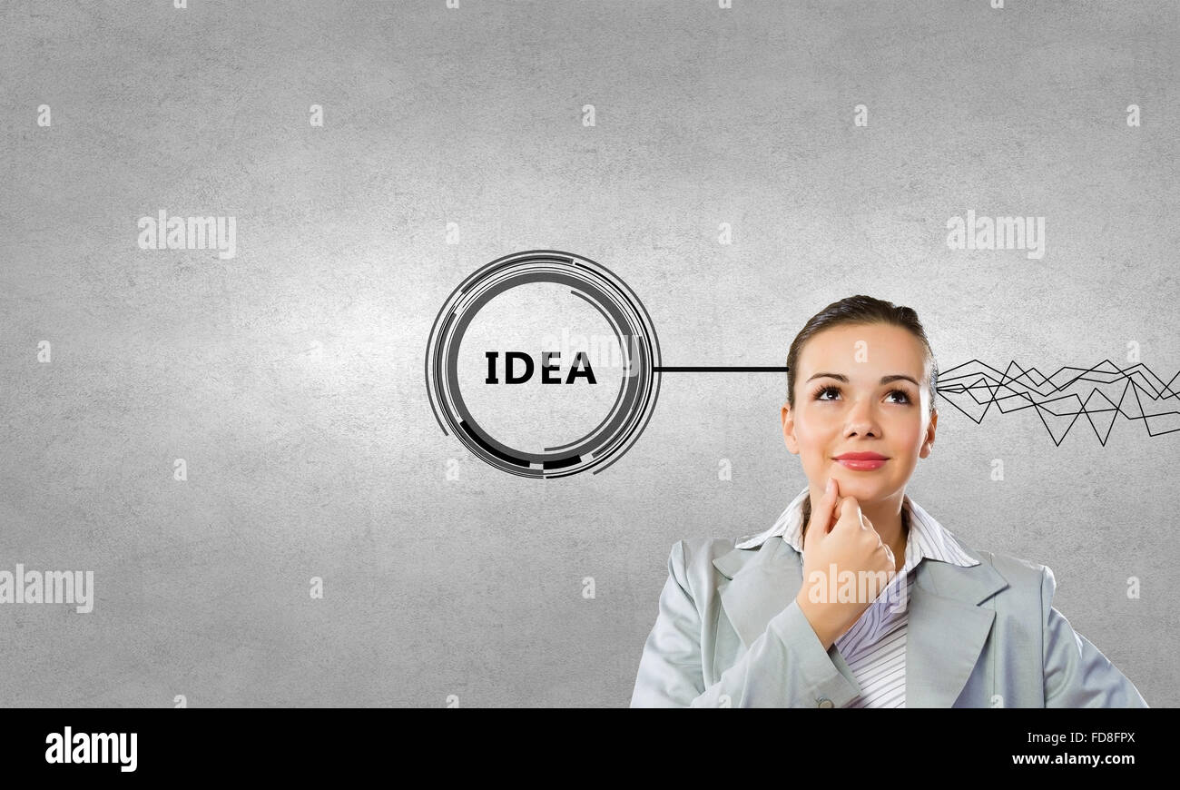 Young thoughtful woman and ideas coming out of her head Stock Photo - Alamy