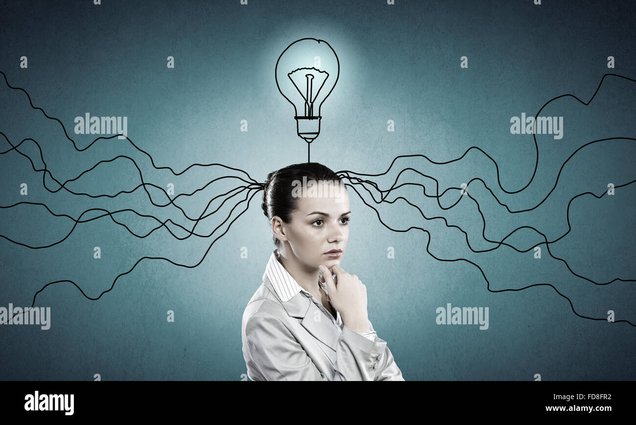 Young thoughtful woman and ideas coming out of her head Stock Photo - Alamy
