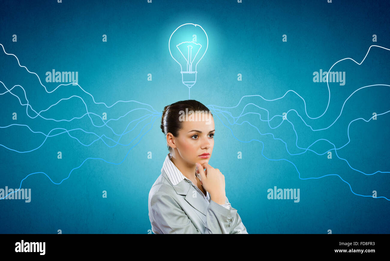 Young thoughtful woman and ideas coming out of her head Stock Photo - Alamy