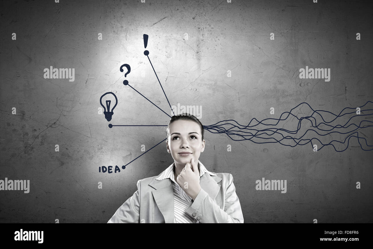 Young thoughtful woman and ideas coming out of her head Stock Photo - Alamy