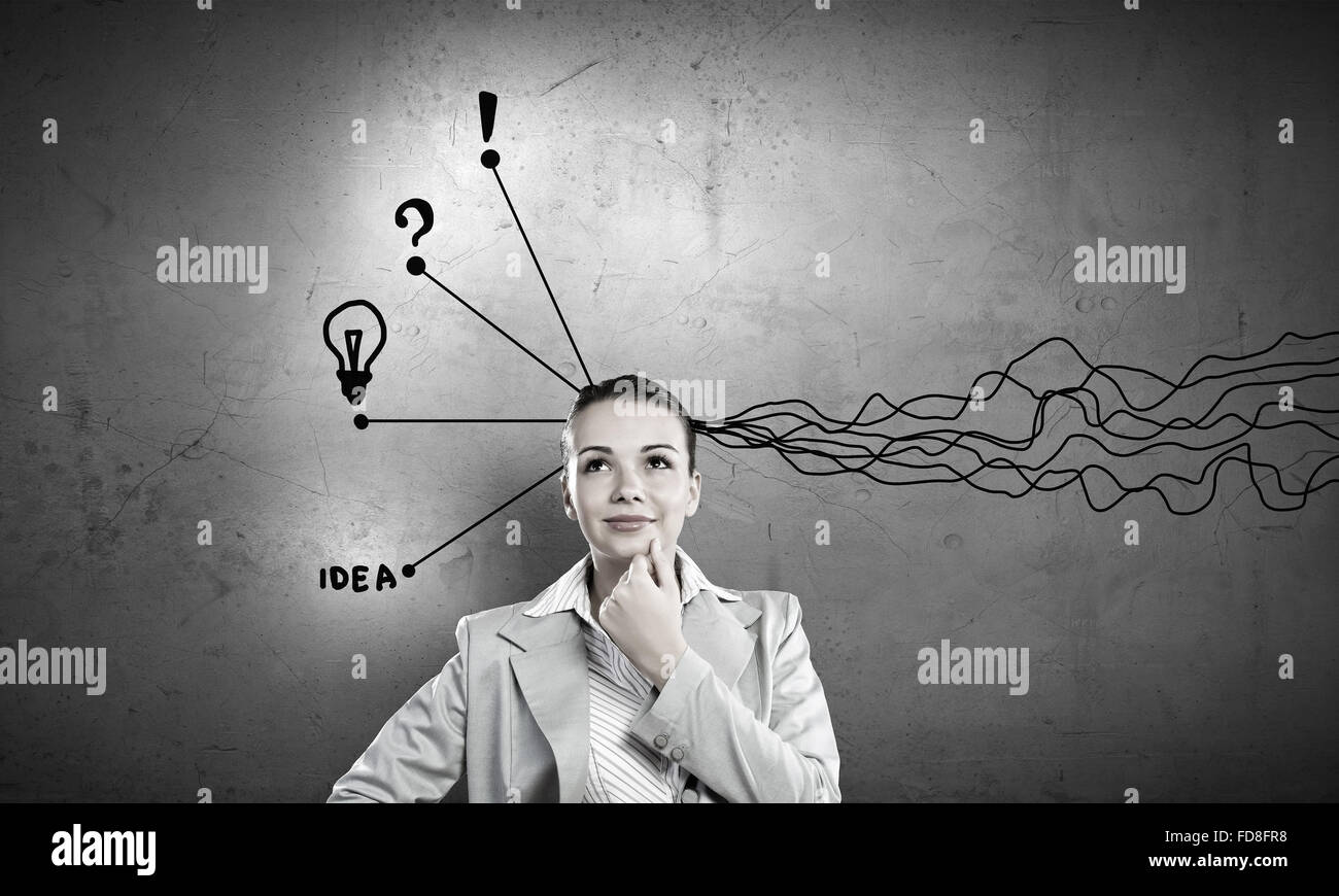 Young thoughtful woman and ideas coming out of her head Stock Photo - Alamy