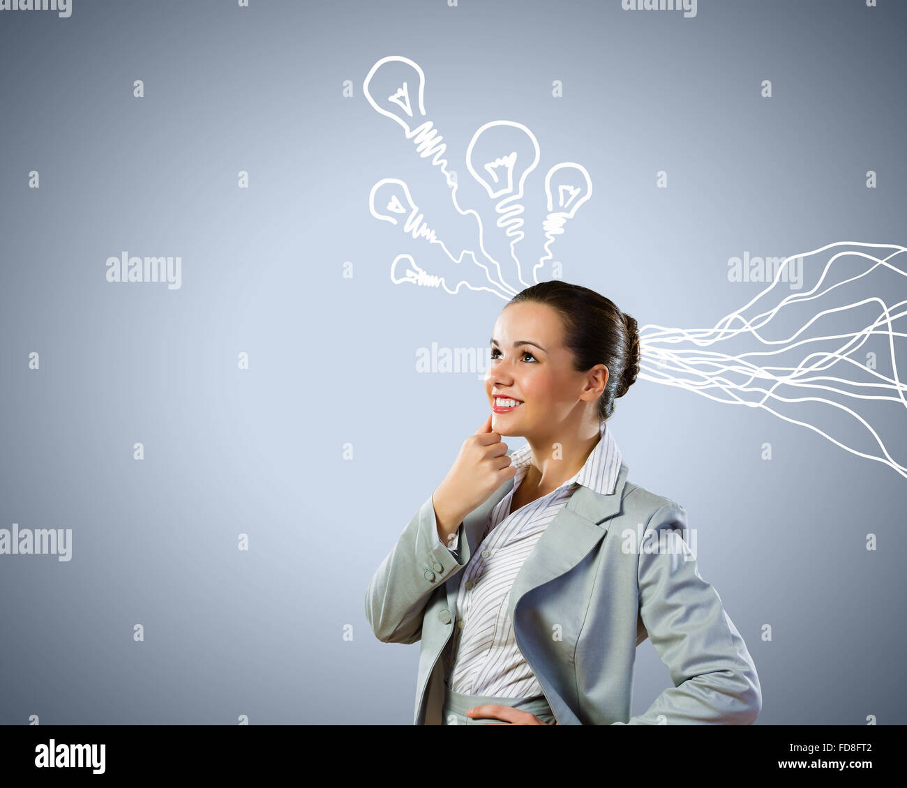 Young thoughtful woman and ideas coming out of her head Stock Photo - Alamy