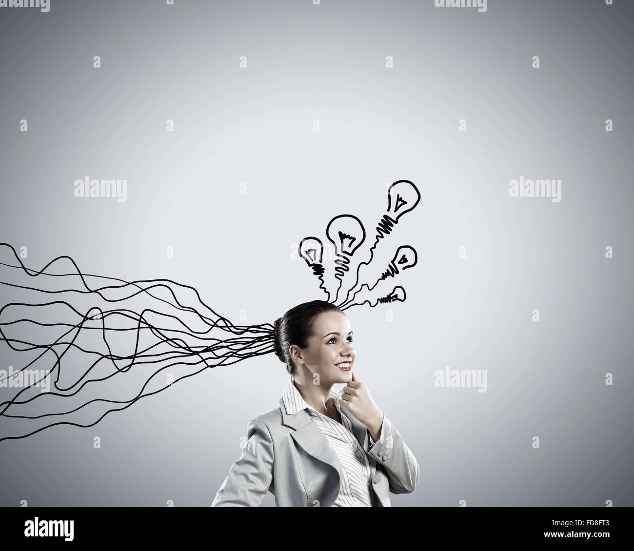 Young thoughtful woman and ideas coming out of her head Stock Photo - Alamy