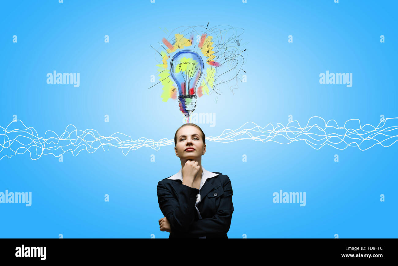 Young thoughtful woman and ideas coming out of her head Stock Photo - Alamy