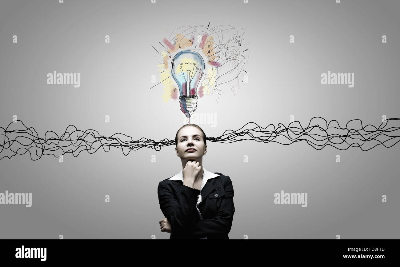 Young thoughtful woman and ideas coming out of her head Stock Photo - Alamy