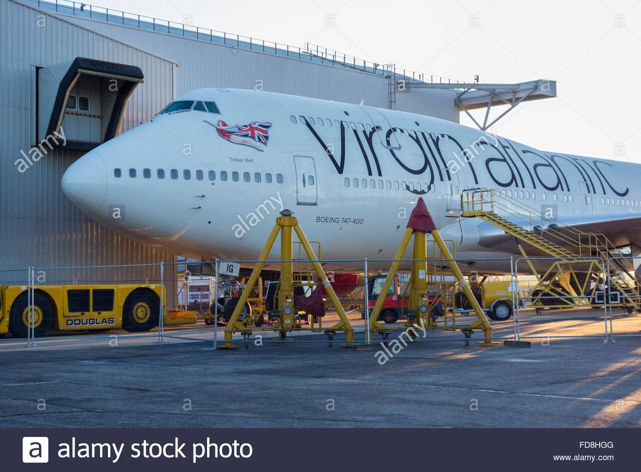 A Virgin Atlantic Boeing 747-400 aircraft is parked outside a hangar ...