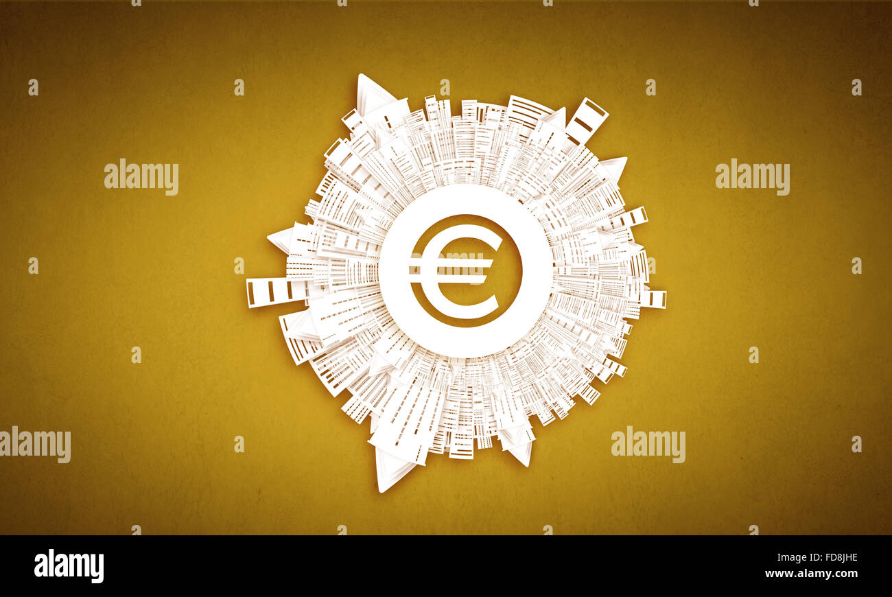 Euro sign with city building around on yellow background Stock Photo ...