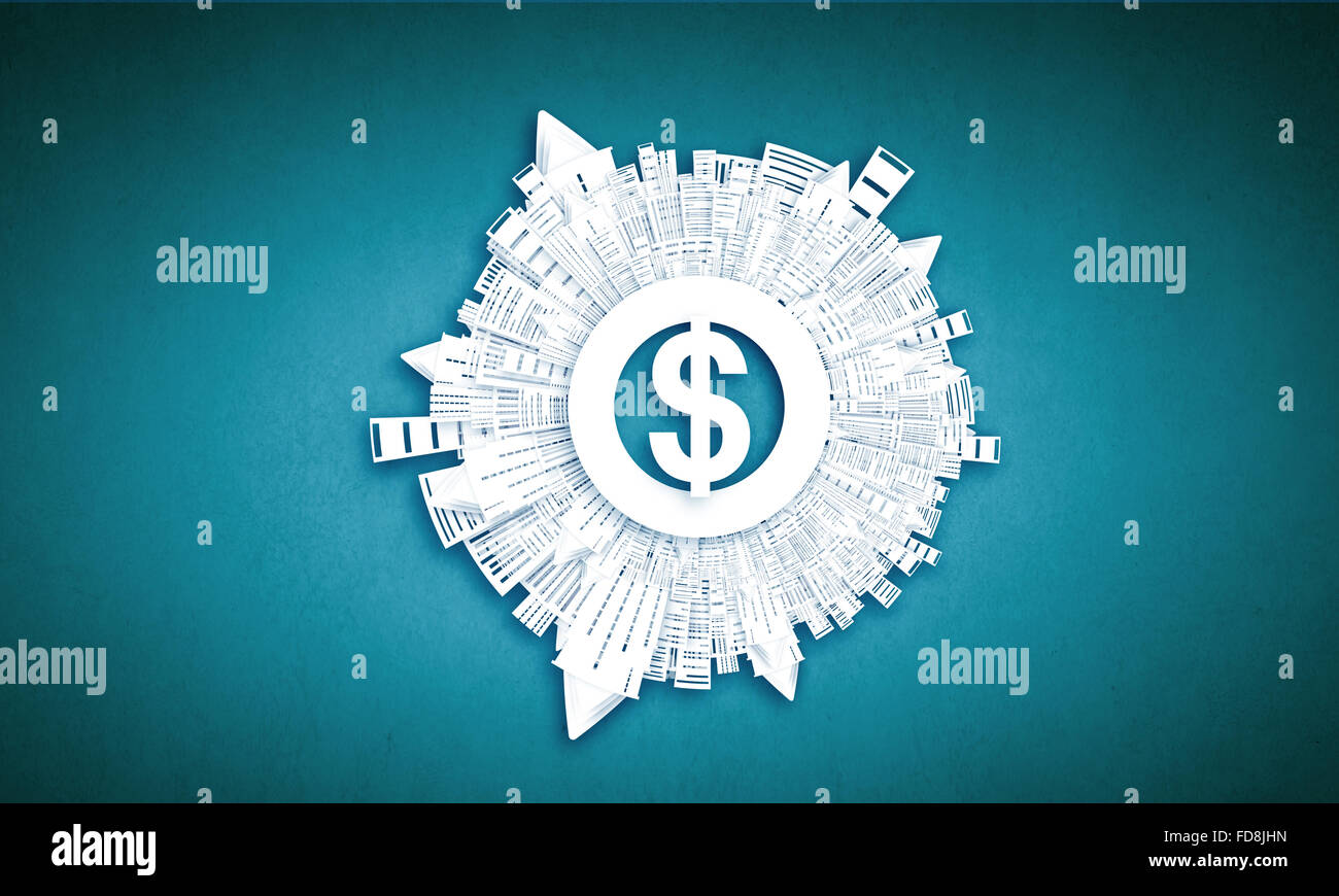 Dollar sign with city building around on blue background Stock Photo ...