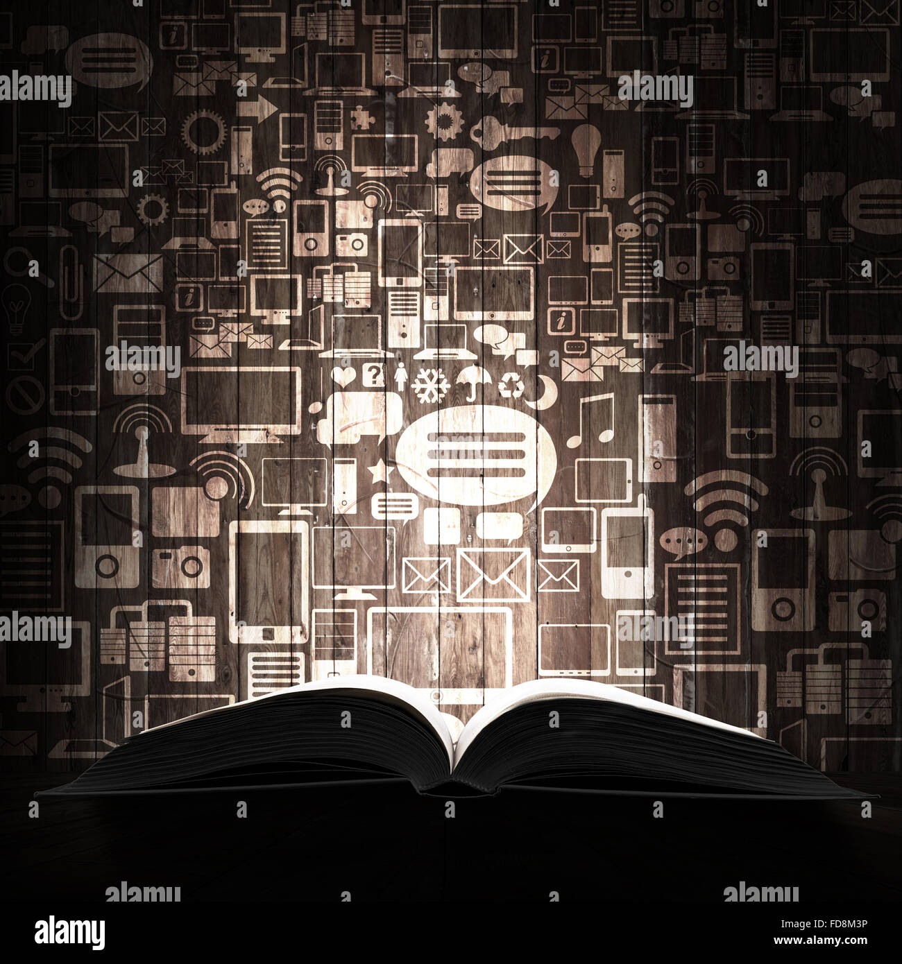 Opened book and networking icons coming out Stock Photo - Alamy