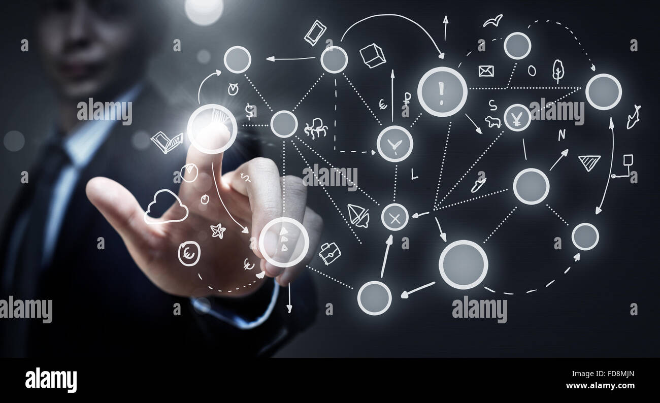 Human hand pressing icon of media screen with connection lines Stock ...