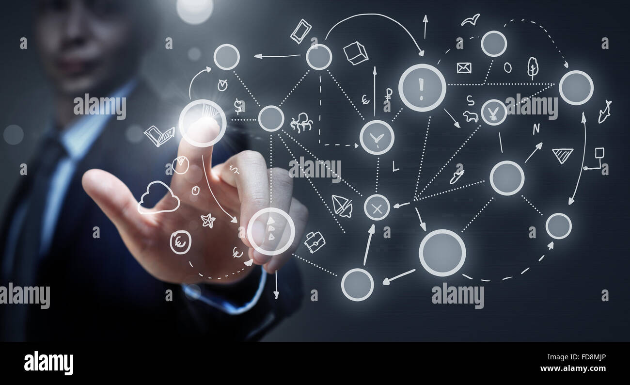 Human hand pressing icon of media screen with connection lines Stock ...