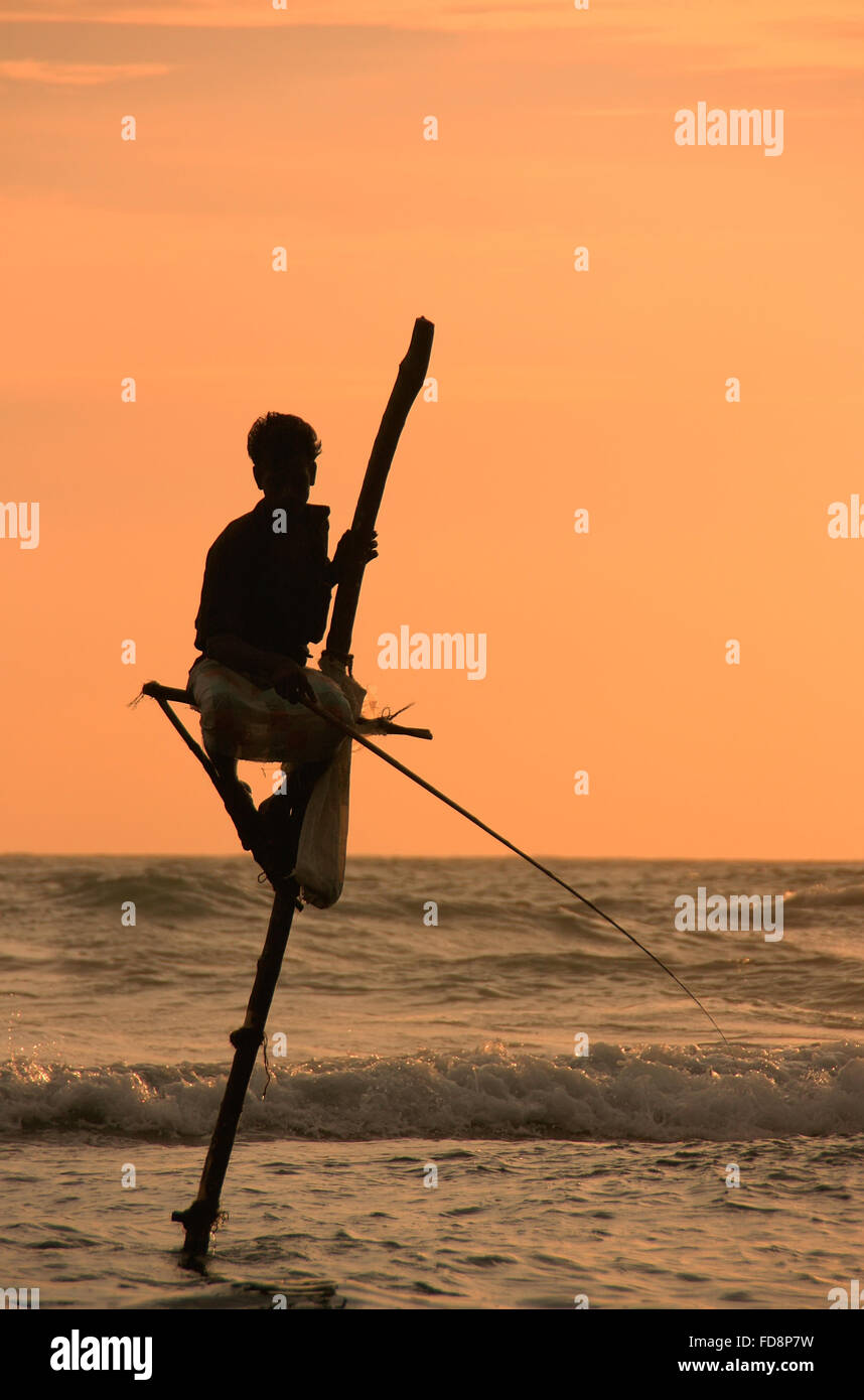 Silhouette of a stick fisherman at sunset, Unawatuna, Sri Lanka Stock ...