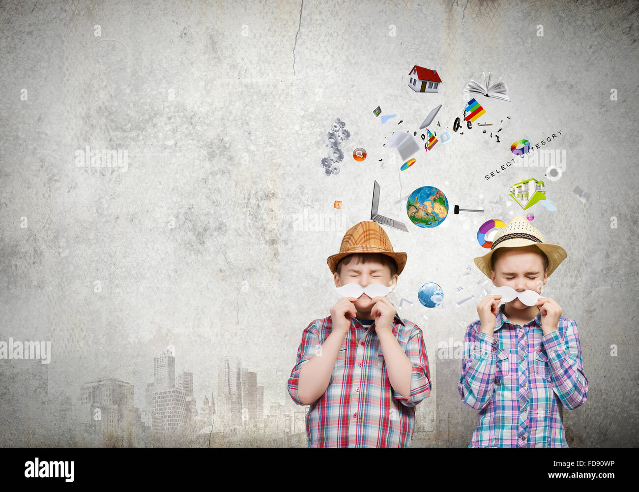 Cute girl and boy wearing shirt hat and mustache. Elements of this ...