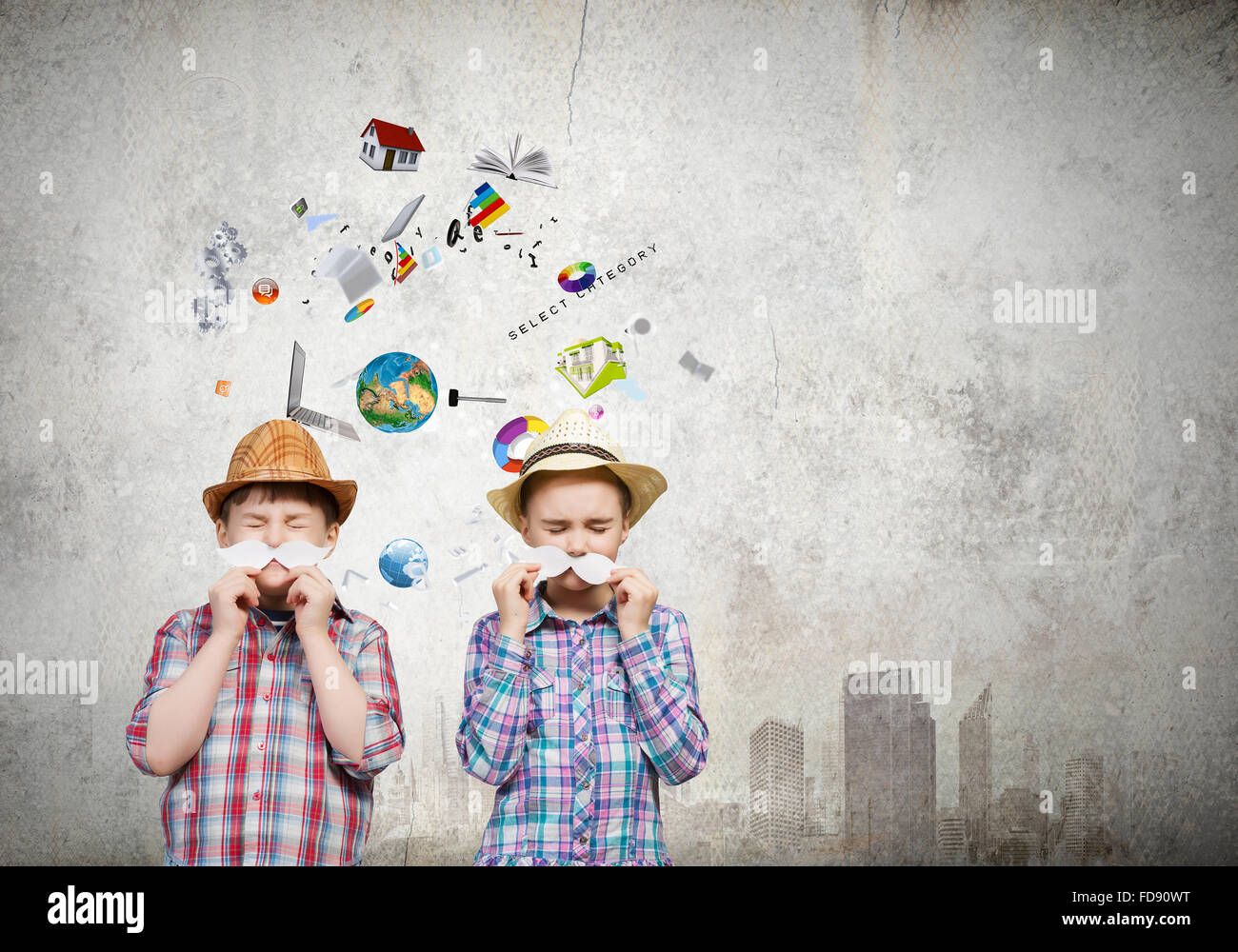 Cute girl and boy wearing shirt hat and mustache. Elements of this ...