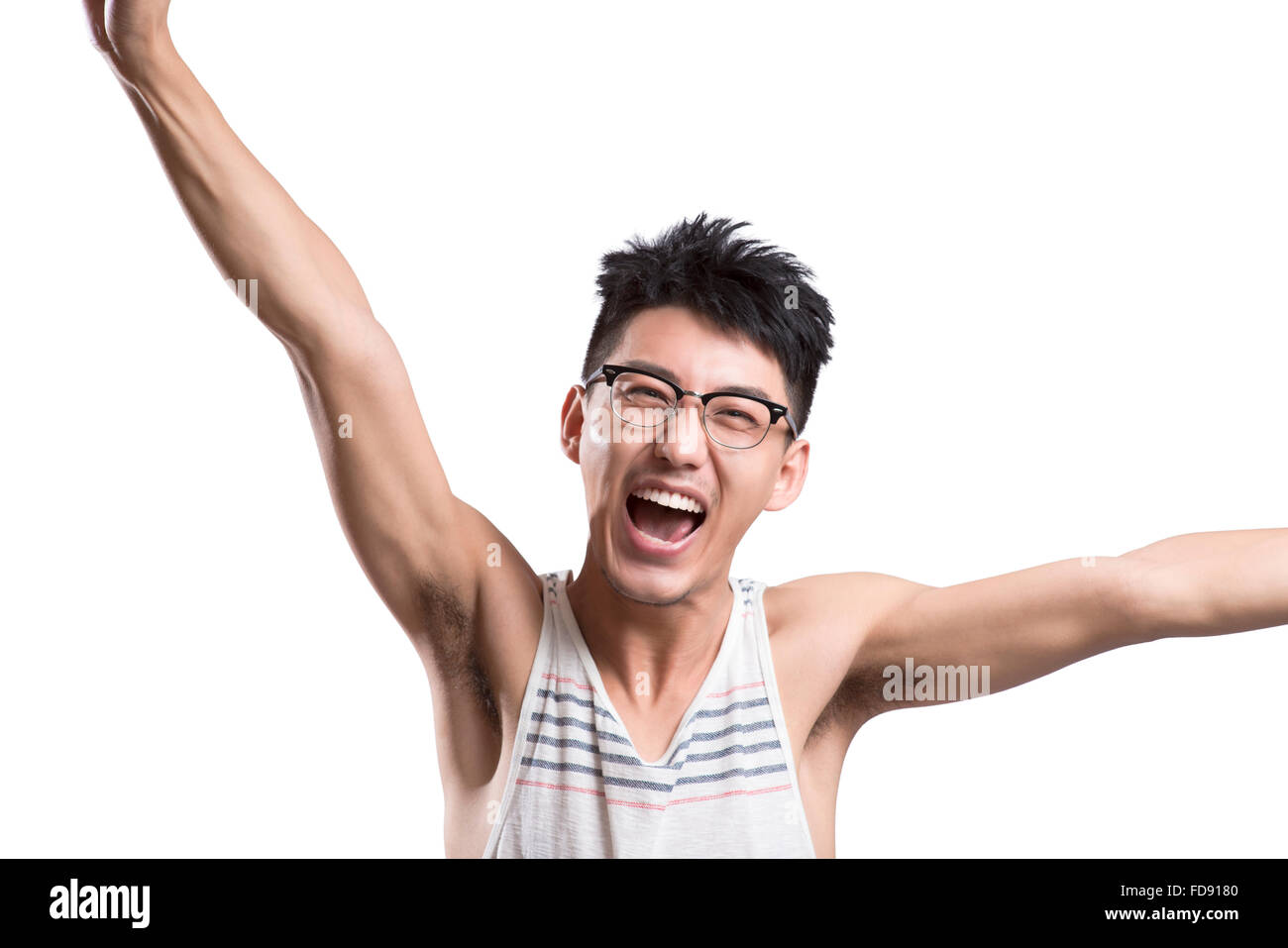 Portrait of young man cheering Stock Photo - Alamy Portrait of young man cheering Stock Photo - Alamy
