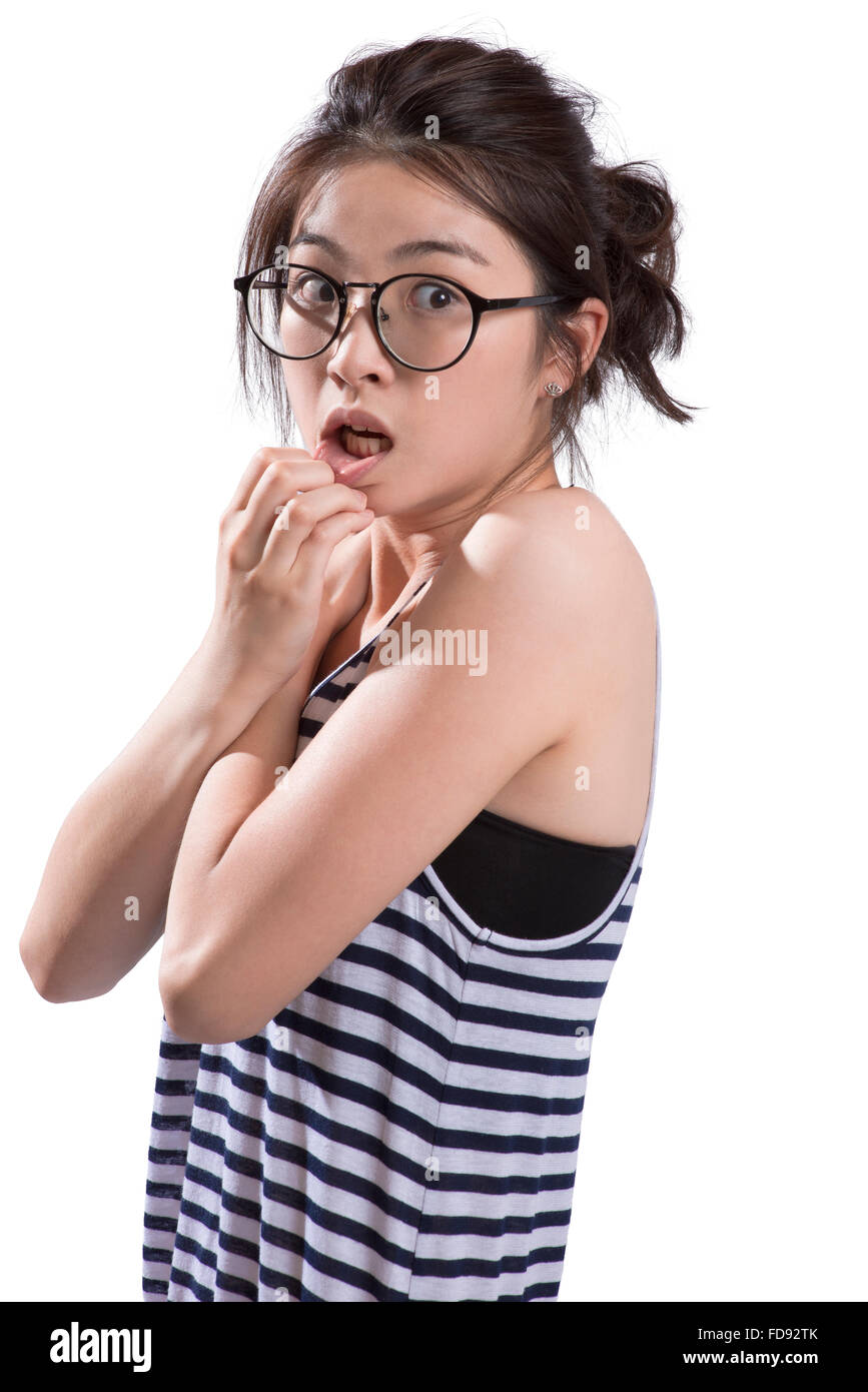 Portrait of young woman horrified Stock Photo - Alamy
