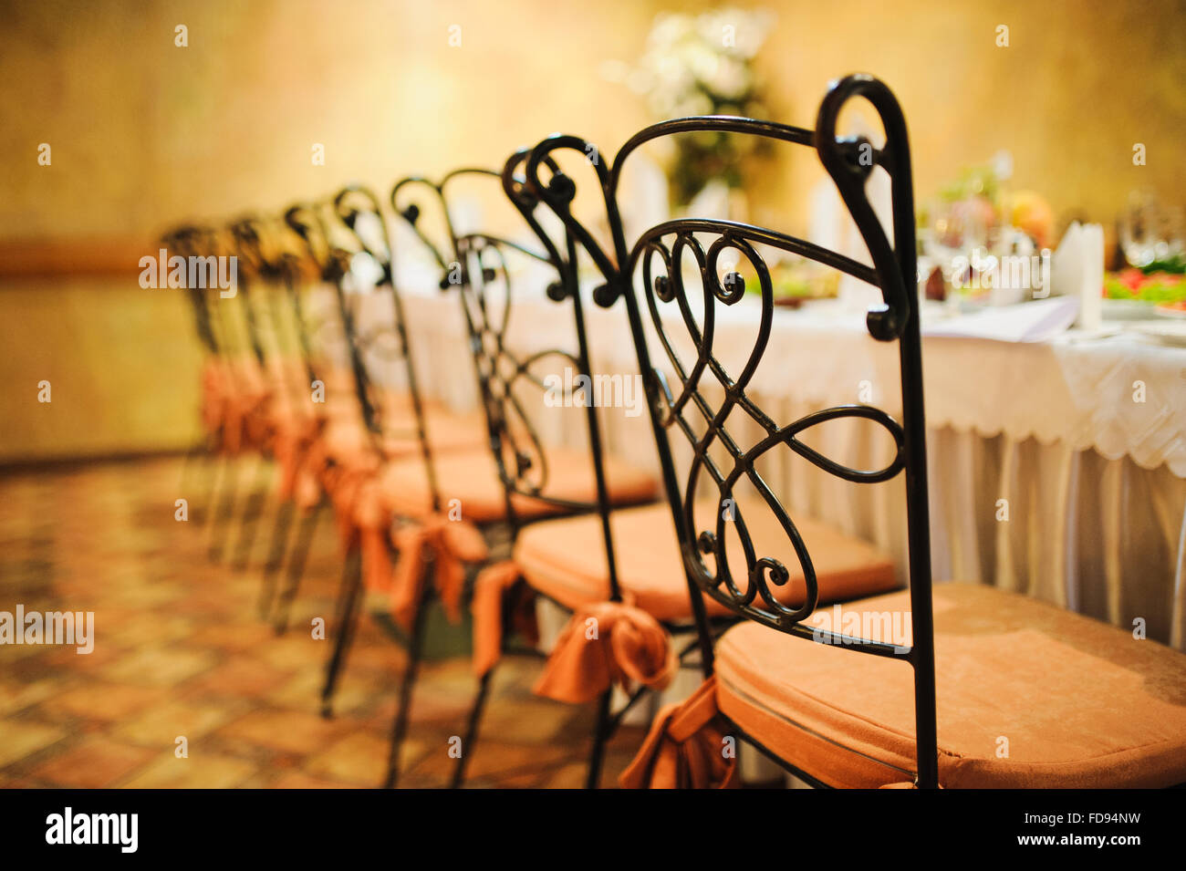 Banquet wedding chairs setting on evening reception awaiting guests ...