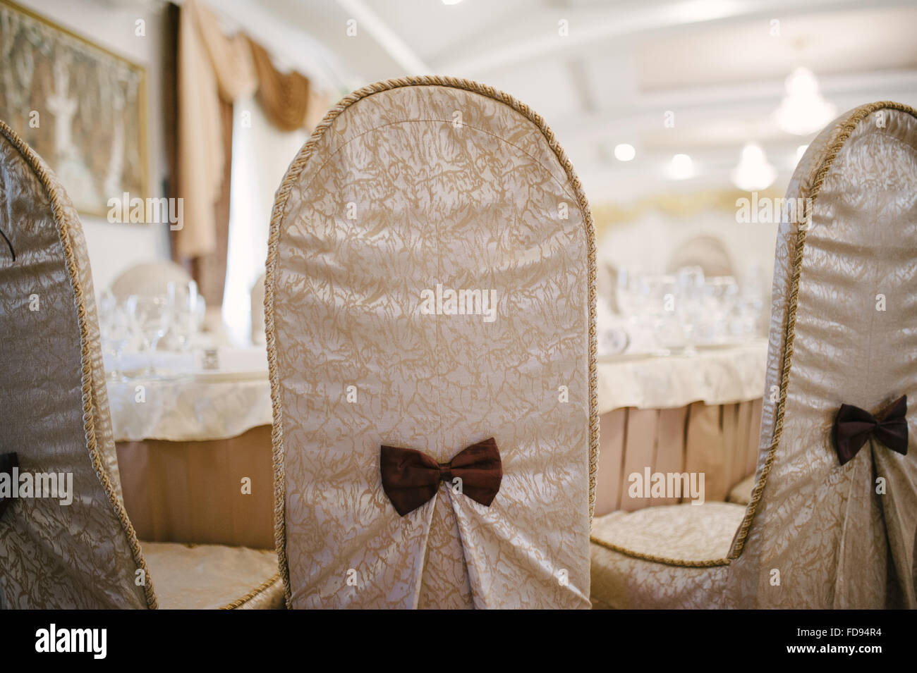 Banquet wedding chairs setting on evening reception awaiting guests ...