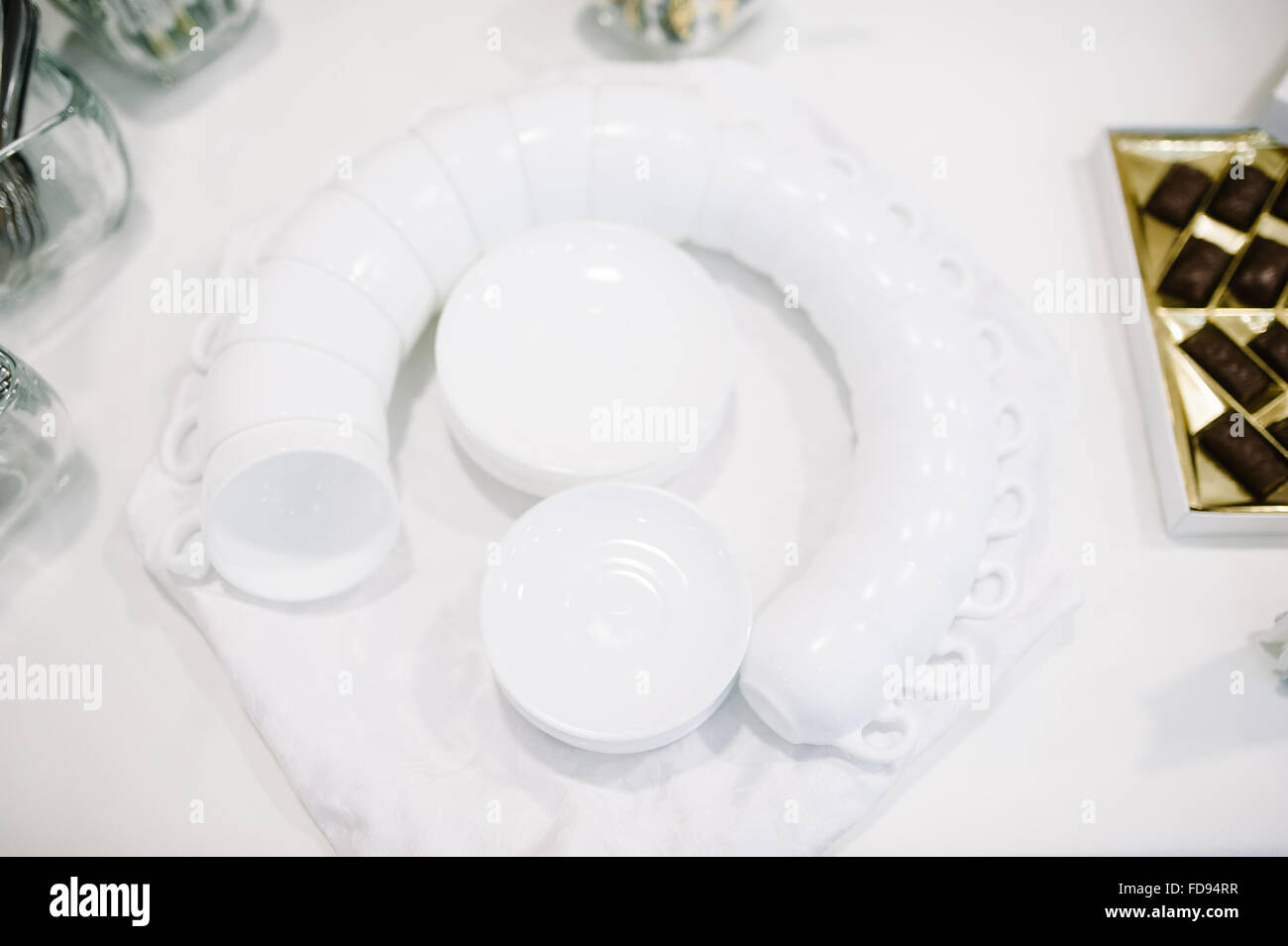 Banquet wedding table setting with white cup of tea and plates Stock ...
