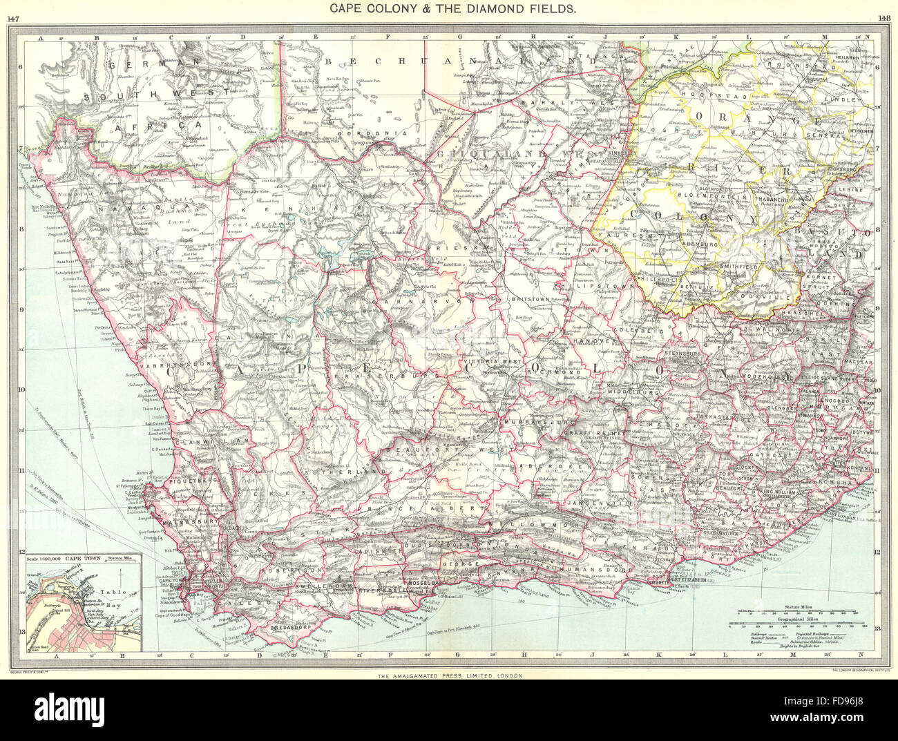 SOUTH AFRICA: Cape Colony & Diamond Fields; map of town, 1907 Stock ...