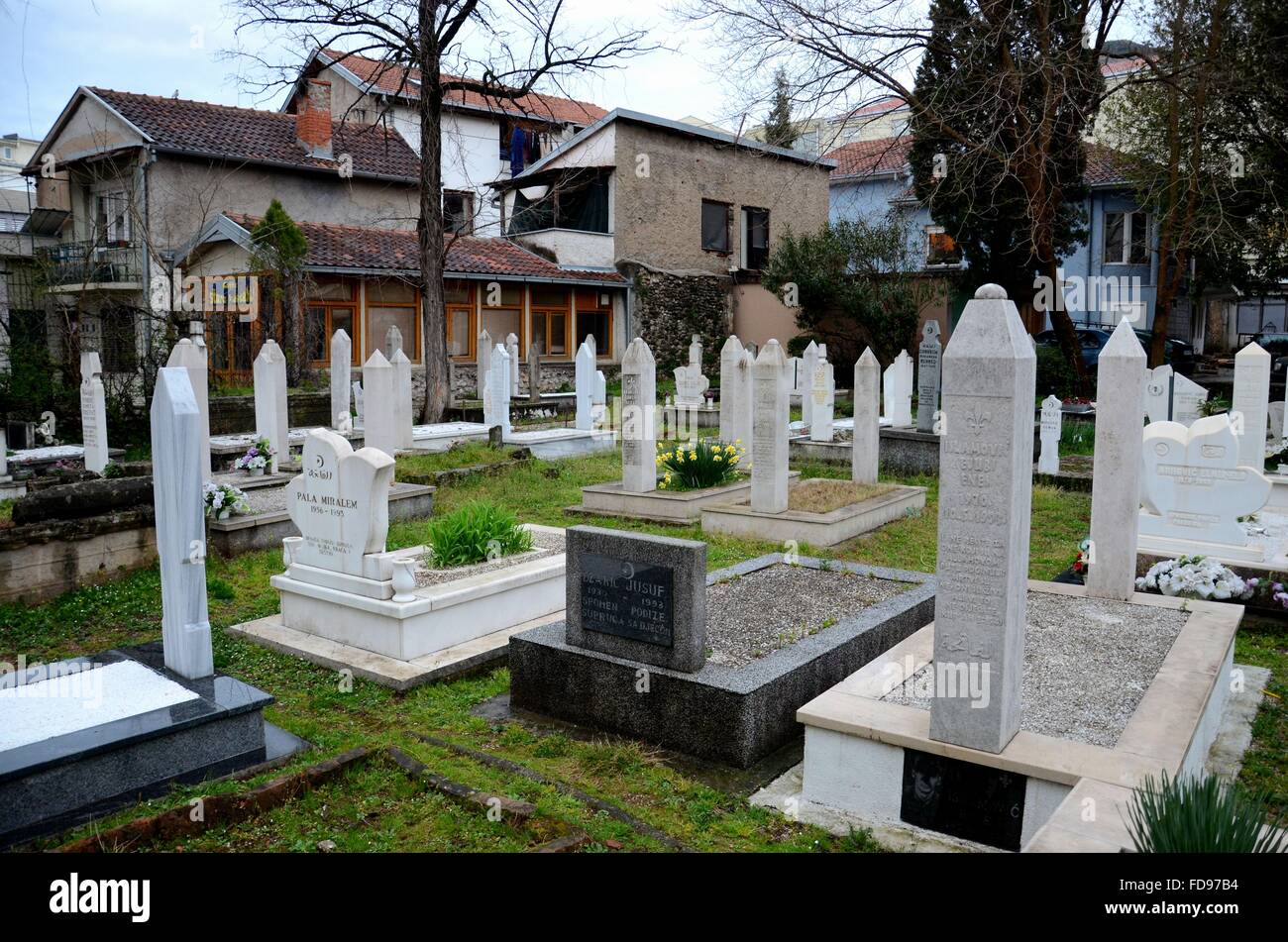 Muslim graveyard ornate marble tombstones at Mostar Islamic cemetery ...