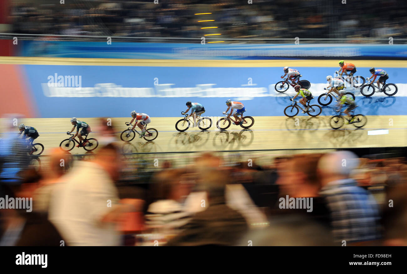 Cyclists compete in the 105th six day biking race at Velodrom in Berlin ...