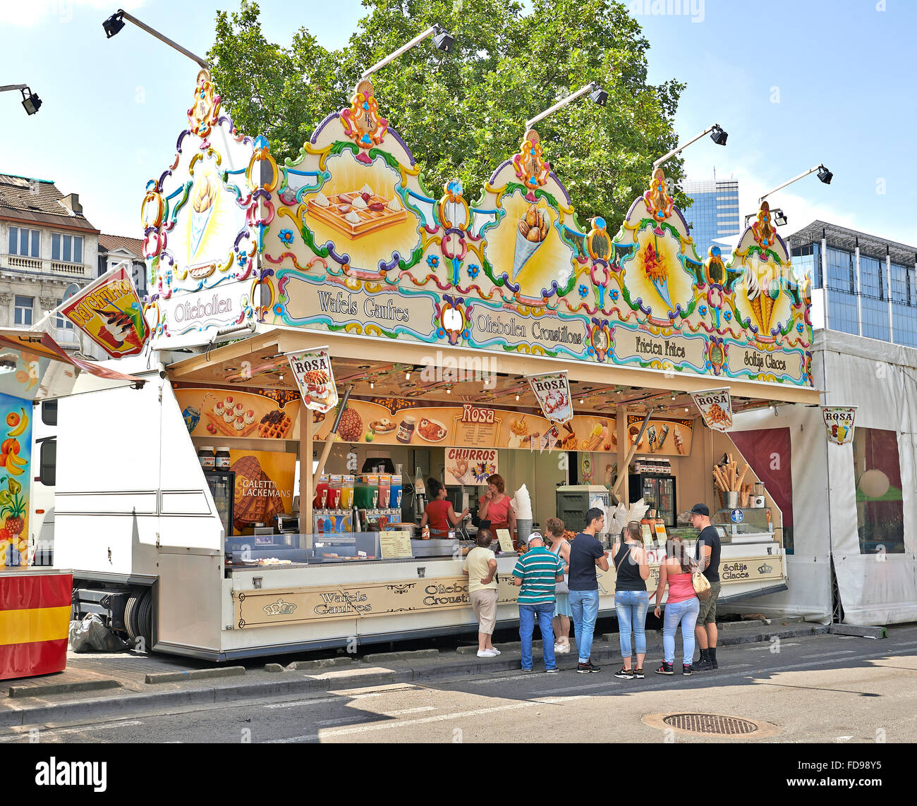 Food stall selling the famous Belgian chips in the biggest fun fair in ...
