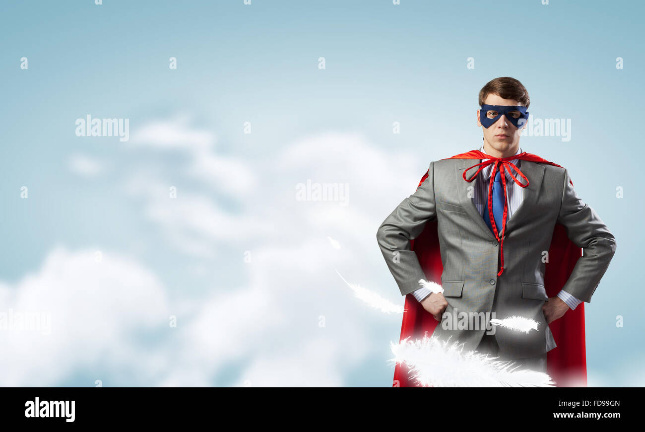 Young man in superhero costume representing power and courage Stock ...