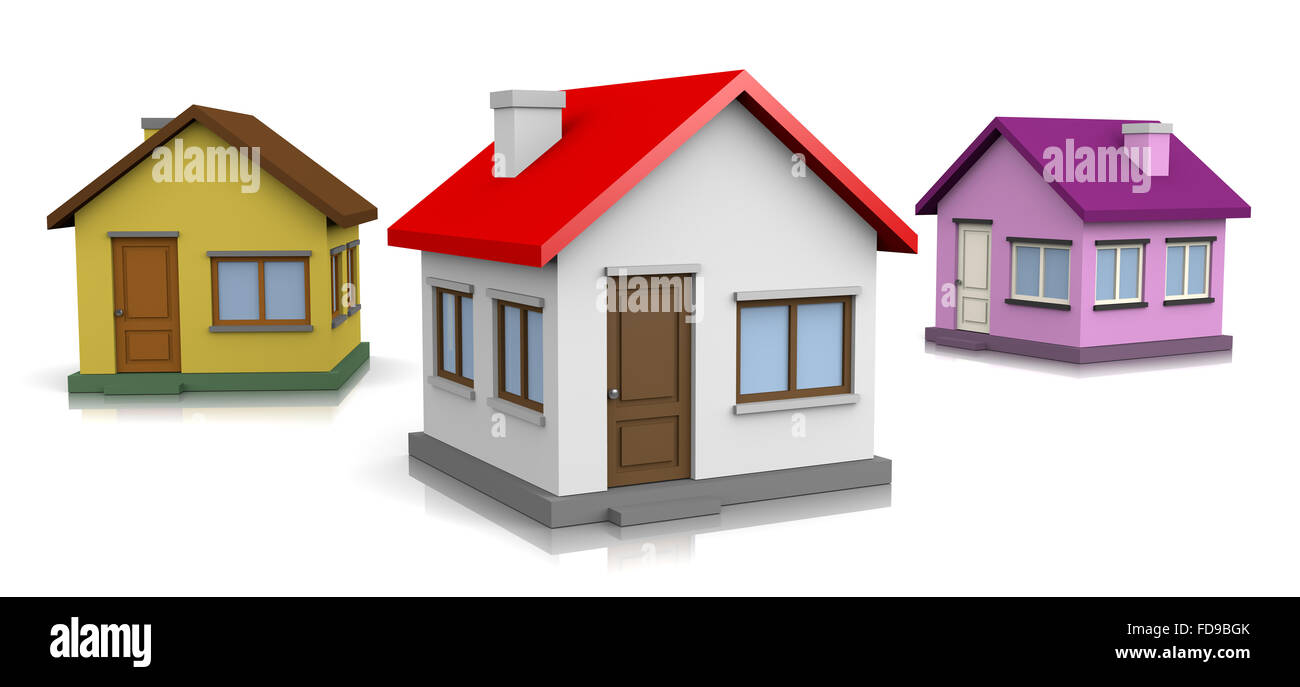 Three Houses on White Background 3D Illustration Stock Photo - Alamy
