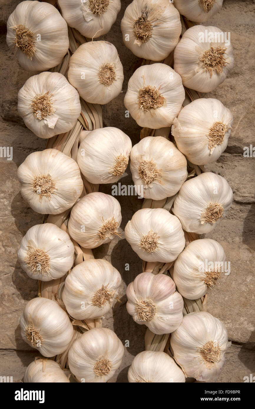 Garlic Hanging from a Stone Wall Stock Photo - Alamy