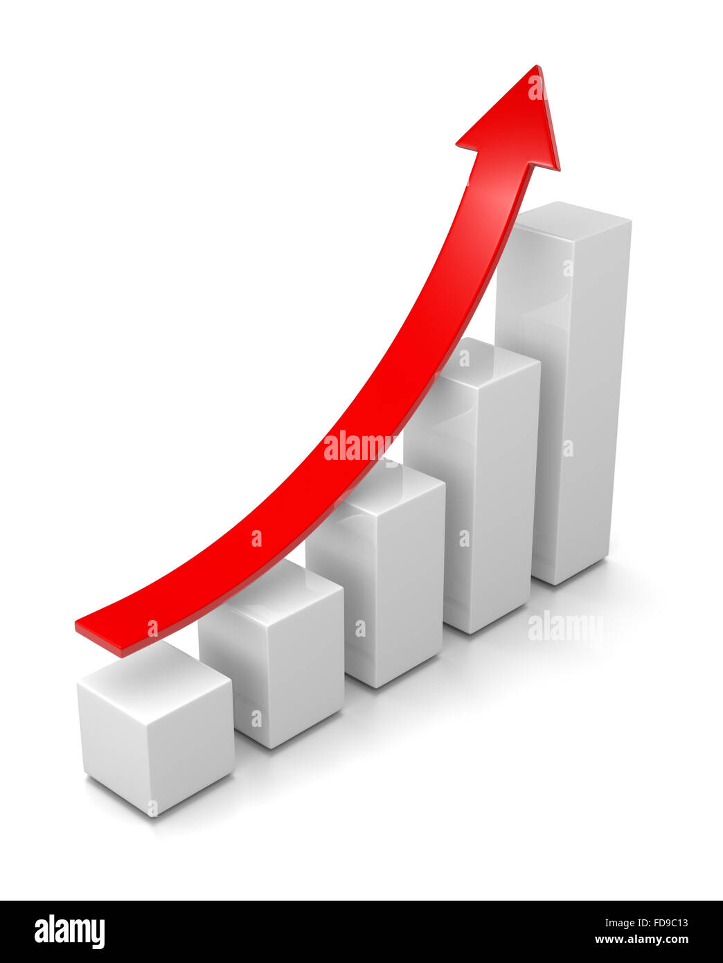 Growing Bar Chart with Rising Red Arrow 3D Illustration on White ...