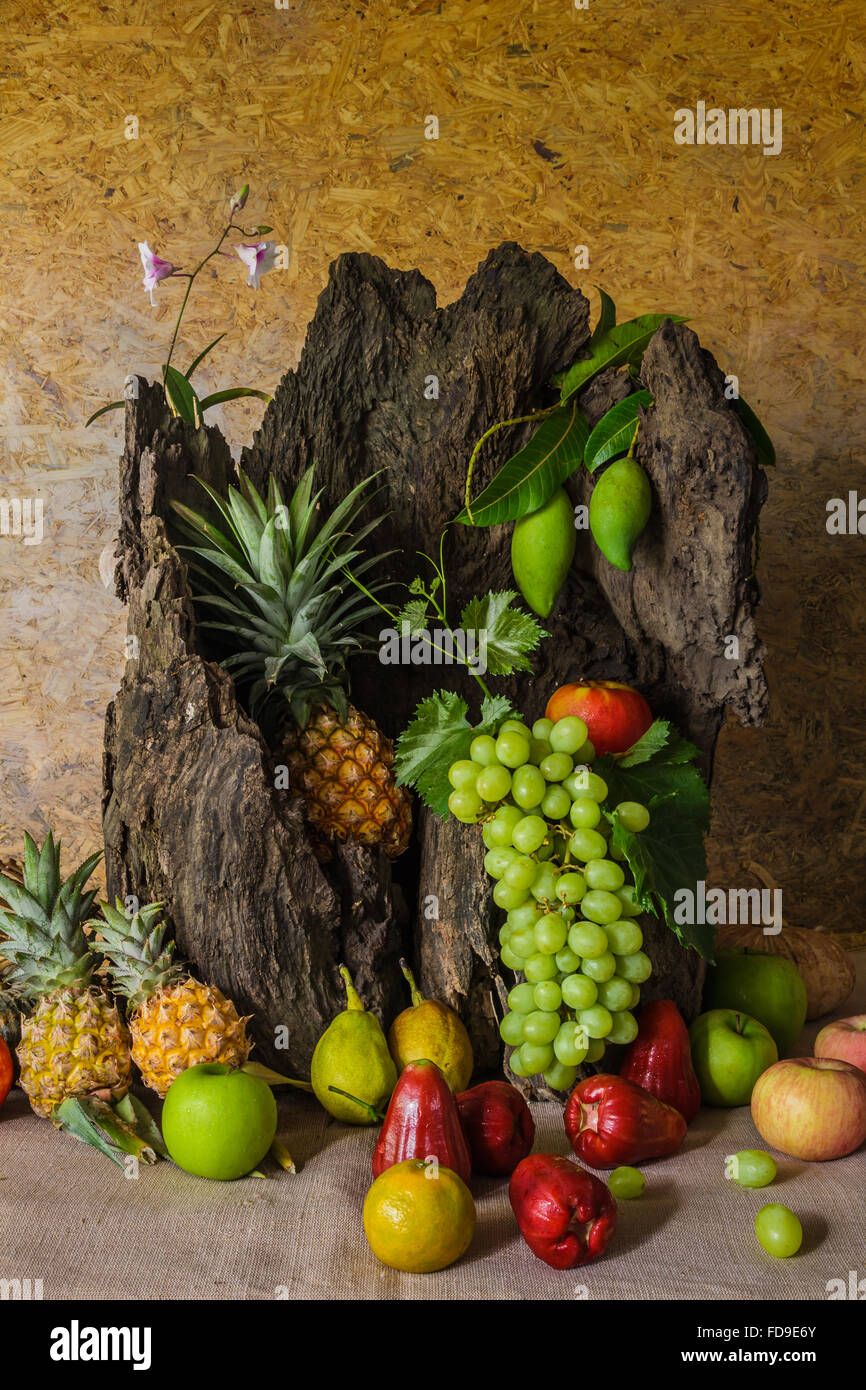 Still life with Fruits were placed on the timber Stock Photo - Alamy