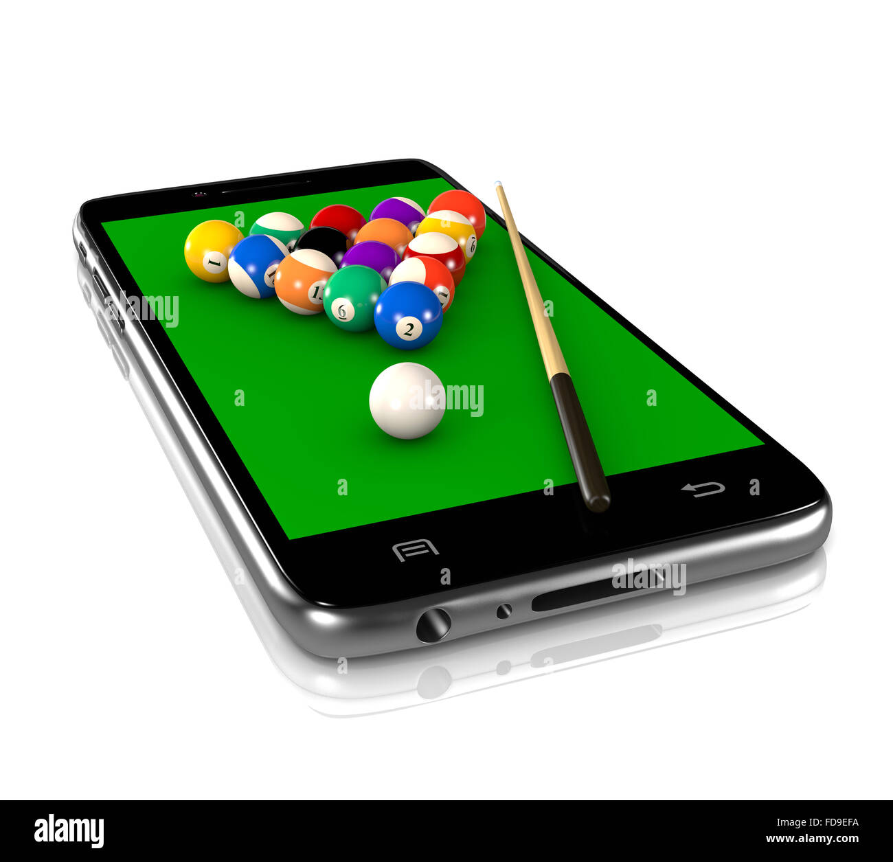 Billiards Table with Balls and Cue on Smartphone Display 3D ...