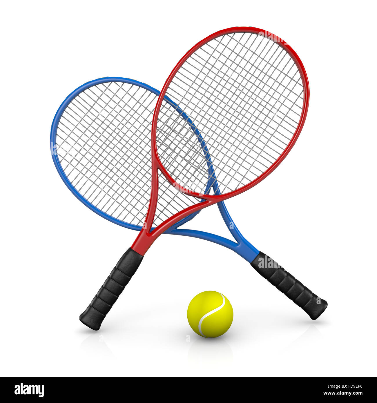 Two Tennis Rackets and One Ball 3D Illustration on White Background ...