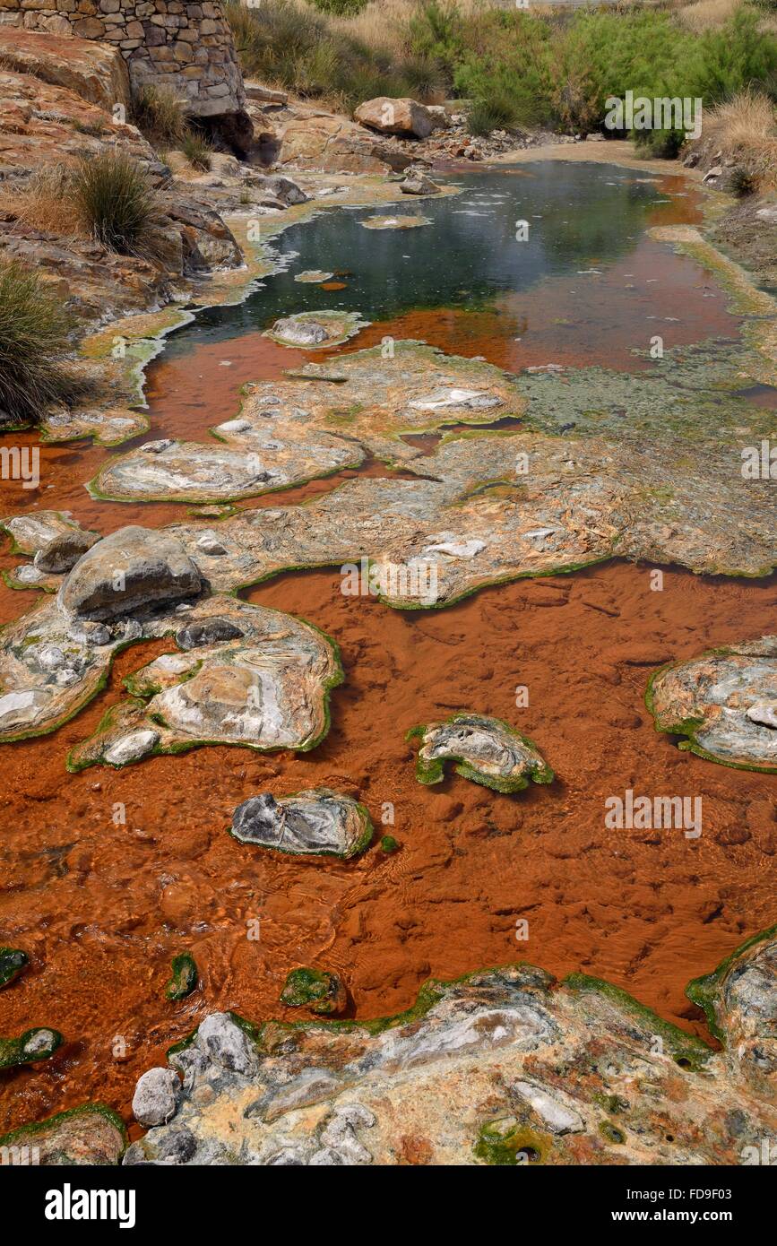 Thermal river, fed with boiling water from hot springs, with colourful ...