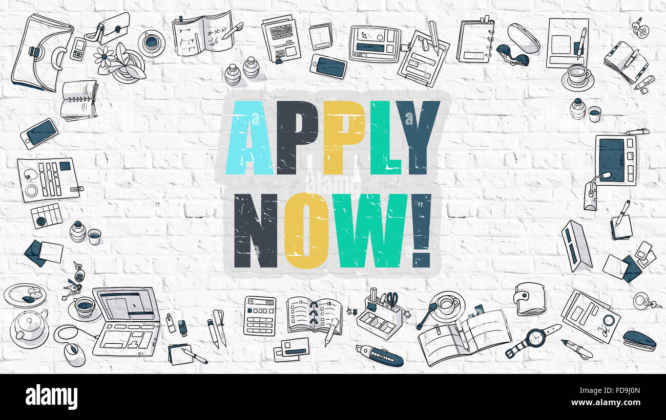 Apply Now. Multicolor Inscription on White Brick Wall with Doodle Icons ...