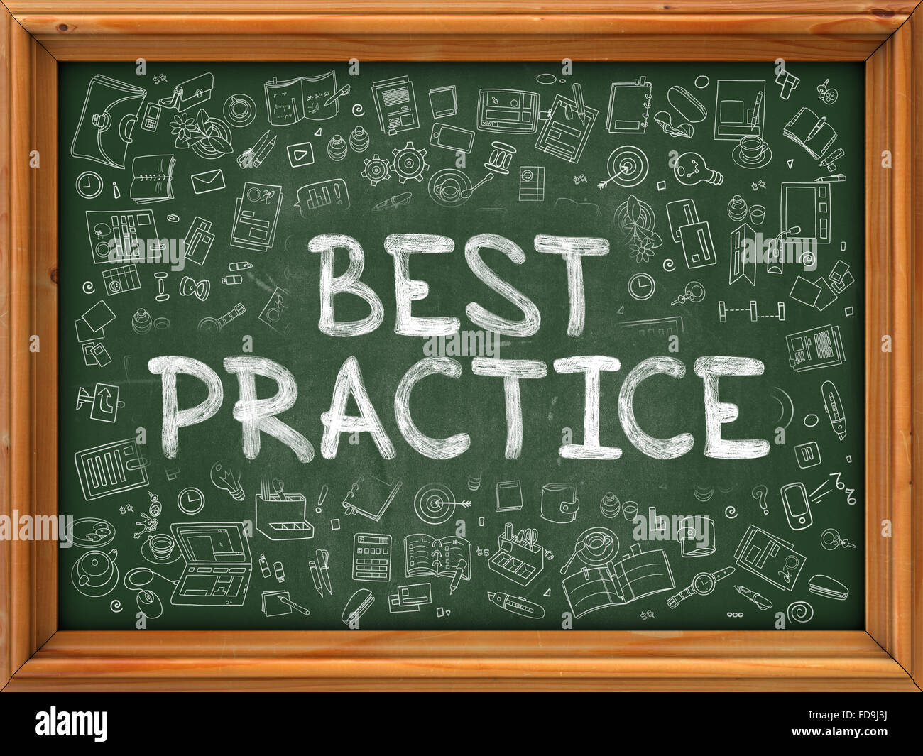 Hand Drawn Best Practice on Green Chalkboard. Hand Drawn Doodle Icons ...
